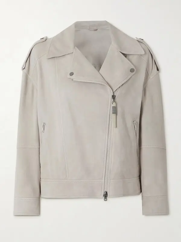 Brunello Cucinelli Bead-embellished Suede Biker Jacket