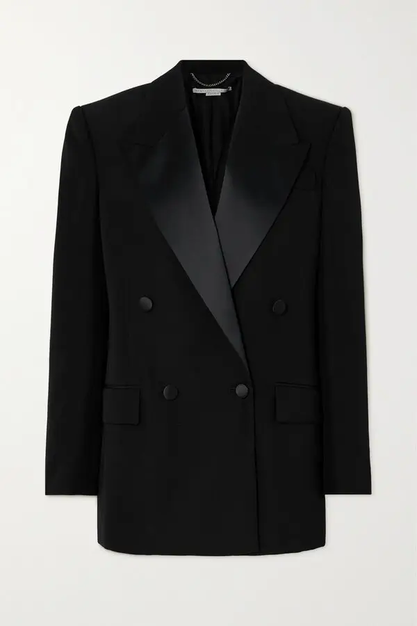 Stella McCartney Double-breasted Grain De Poudre Wool Blazer With Satin Trim