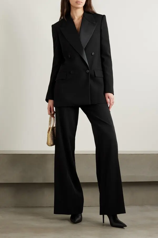 Stella McCartney Double-breasted Grain De Poudre Wool Blazer With Satin Trim