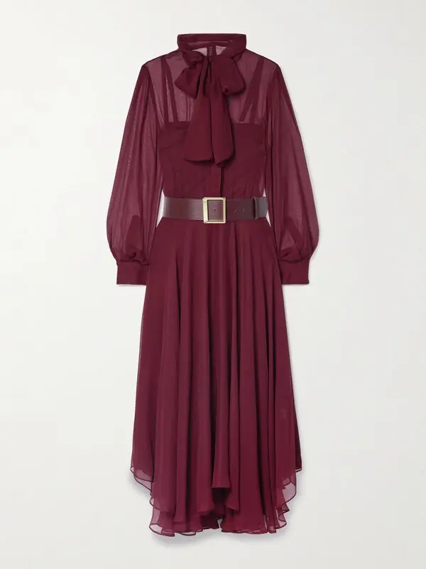 Sergio Hudson Pussy-Bow Belted Chiffon Midi Dress In Burgundy - 50% Off |  Editorialist