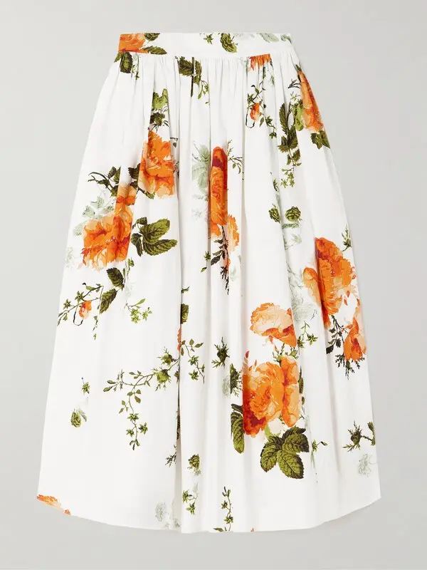 Erdem Gathered Floral-print Cotton-poplin Midi Skirt