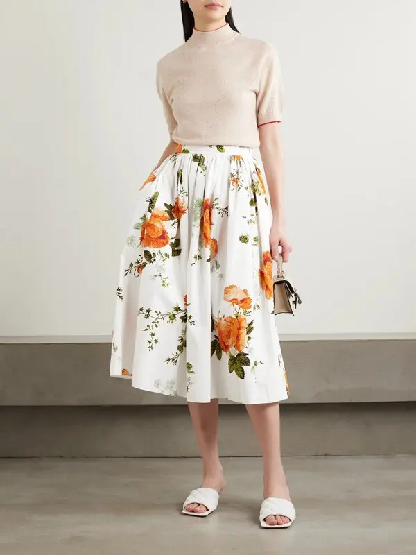 Erdem Gathered Floral-print Cotton-poplin Midi Skirt