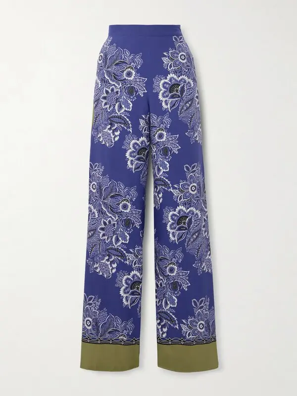 Etro Floral-print Silk-satin Wide-leg Pants - Blue