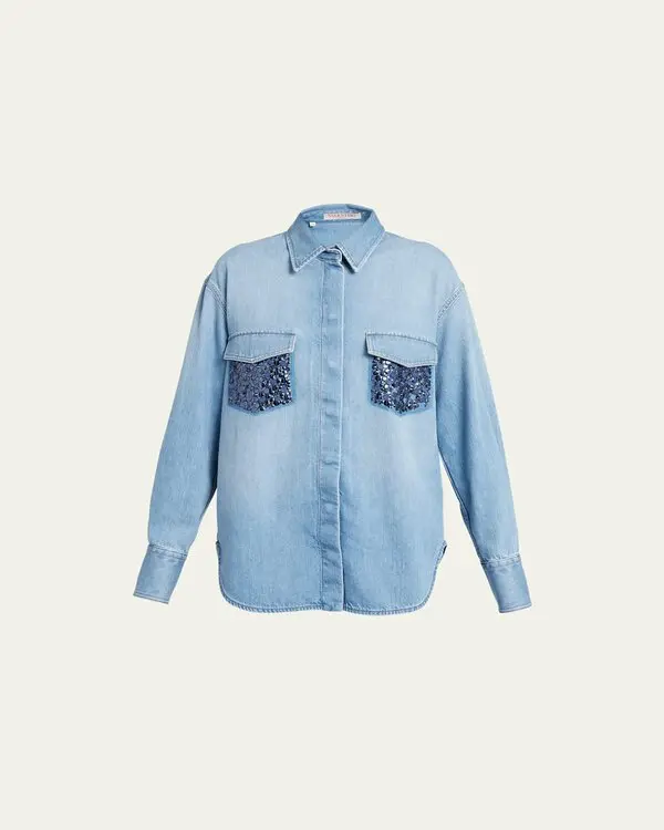 Valentino Garavani Beaded Pocket Long-sleeve Collared Chambray Shirt