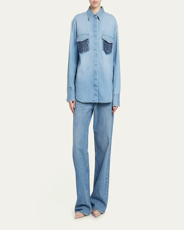 Valentino Garavani Beaded Pocket Long-sleeve Collared Chambray Shirt