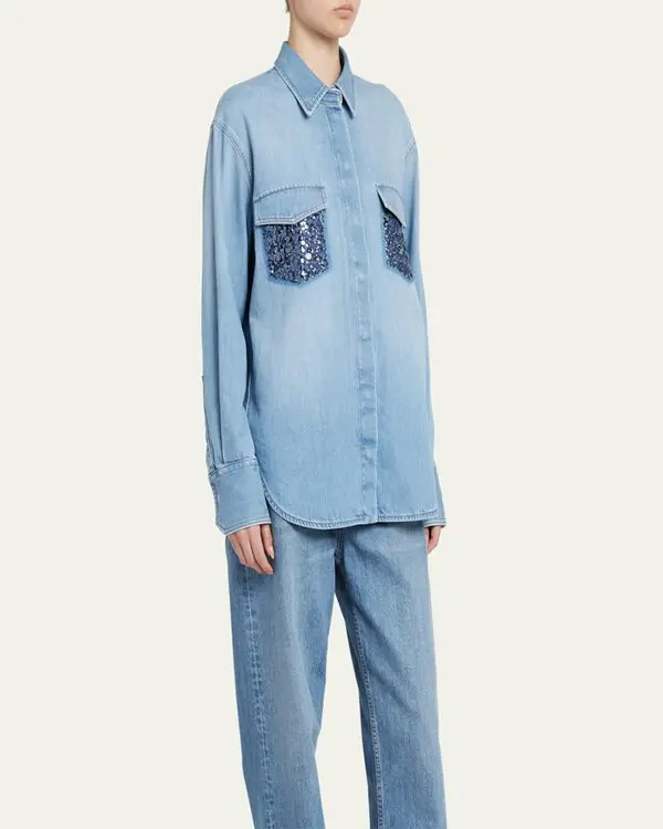 Valentino Garavani Beaded Pocket Long-sleeve Collared Chambray Shirt