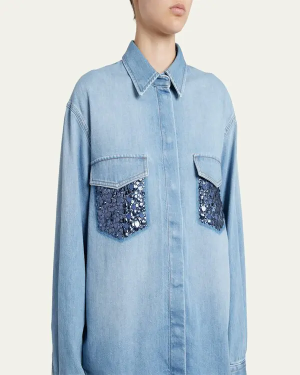 Valentino Garavani Beaded Pocket Long-sleeve Collared Chambray Shirt
