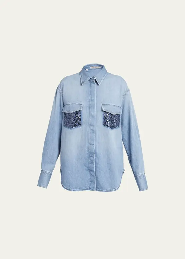 Valentino Garavani Beaded Pocket Long-sleeve Collared Chambray Shirt