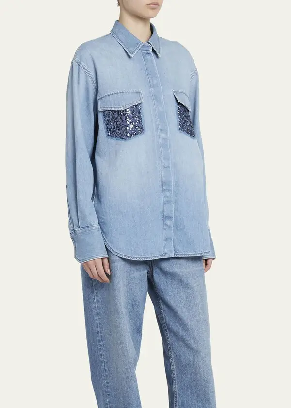 Valentino Garavani Beaded Pocket Long-sleeve Collared Chambray Shirt