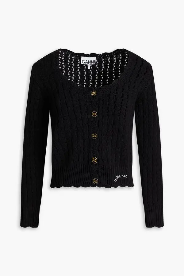 GANNI Crochet Knit Cotton Cardigan - Black