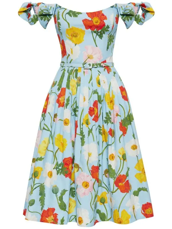 Oscar De La Renta Painted Poppies-print Cotton Midi Dress - Blue