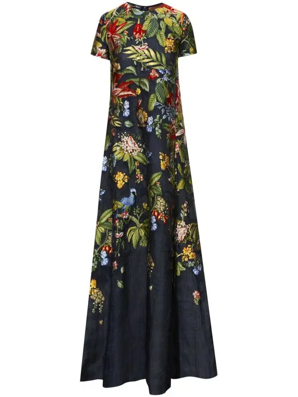Oscar De La Renta Flora & Fauna-print Short-sleeve Gown - Blue