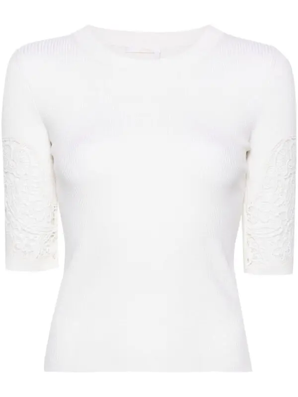 Chloé Lace-panelled Ribbed-knit T-shirt - Neutrals