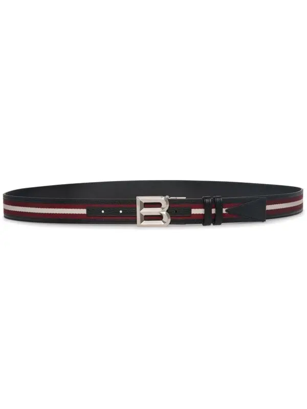 Bally Logo Buckle Striped Leather Belt - Black