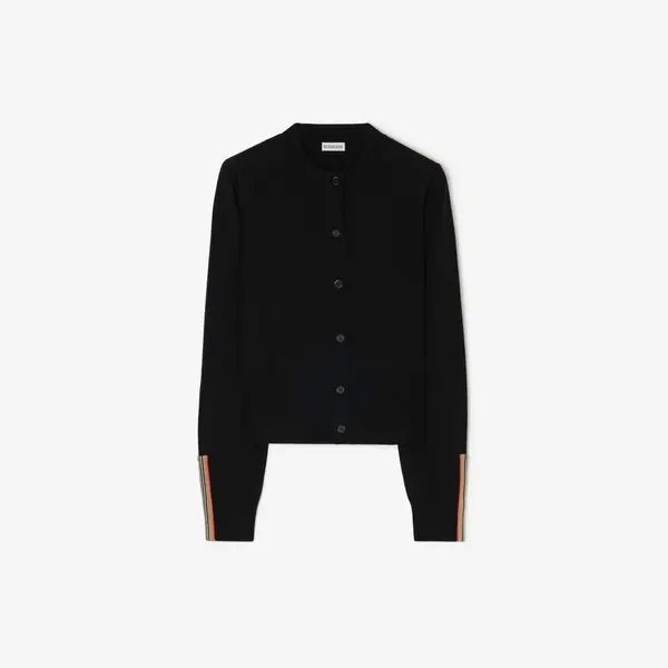 Burberry Wool Cardigan With Icon Stripe Cuffs - Black