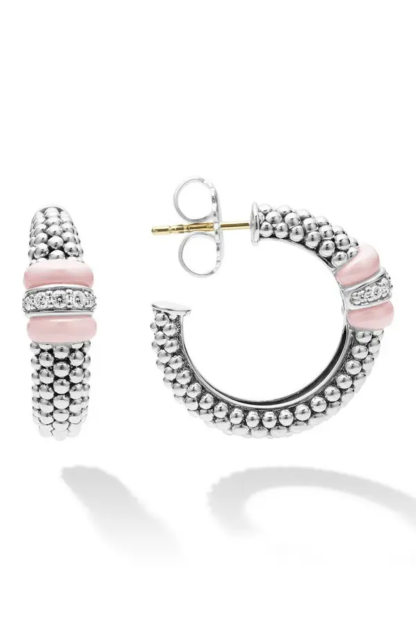 Lagos Pink Caviar Diamond Hoop Earrings - Silver