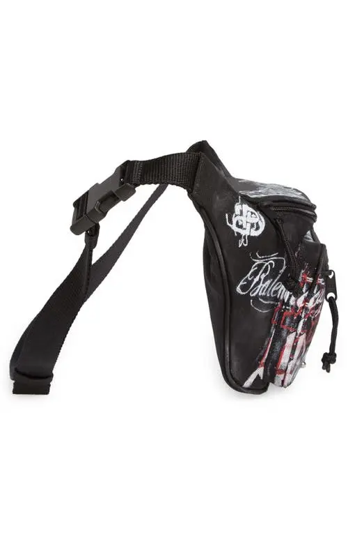 Balenciaga Explorer Canvas Belt Bag With Graffiti Logo In Black