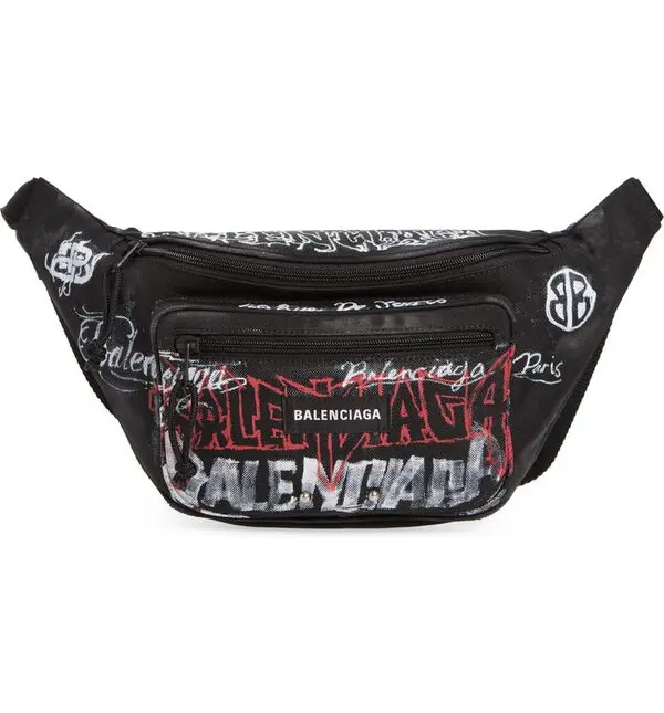 Balenciaga Explorer Canvas Belt Bag With Graffiti Logo In Black