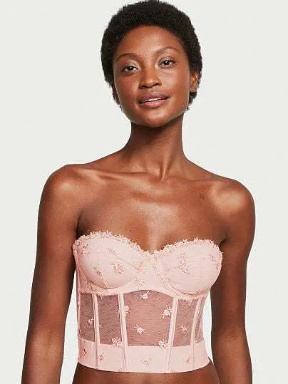 Victoria's Secret Dream Angels Rosebud Embroidery Unlined Strapless Plunge-back Corset Top - Print