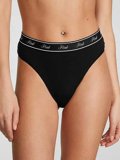 Pink Logo Cotton Brazilian Panty - Black