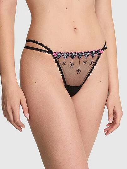 Pink Lace V-string Panty - Black