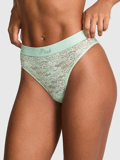 Pink Lace Logo Brazilian Panty - Green