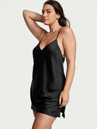 Victoria's Secret Satin Slip Dress With Open Back - Black