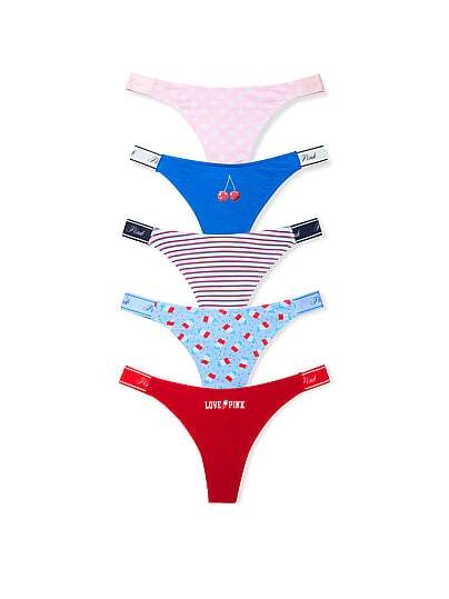 Pink 5-pack Lace Logo Cotton High-leg Thong Panties - Print
