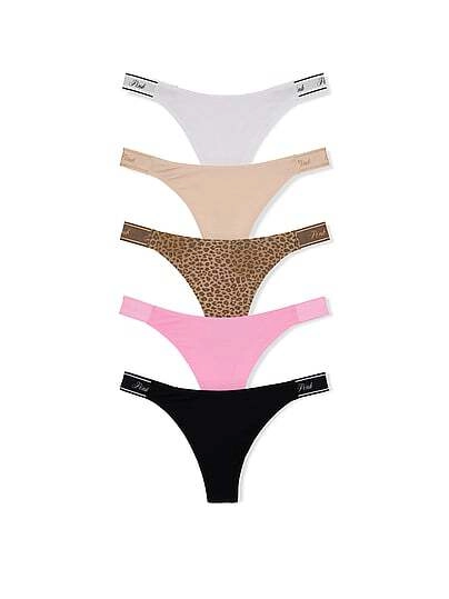 Pink 5-pack Logo Cotton High-leg Thong Panties - Print