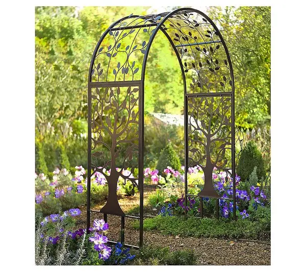 EVERGREEN Metal Arched Garden Arbor With Tree O F Life Design - One-color