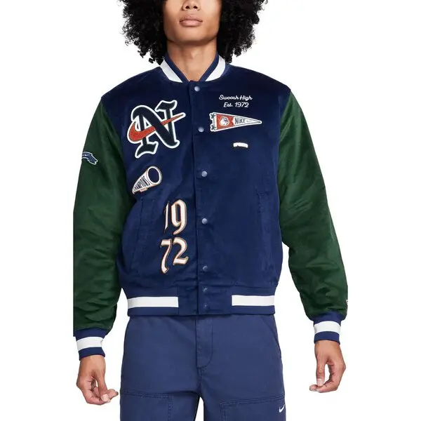 Nike Corduroy Varsity Jacket In Midnight Navy/Fir 40% Off