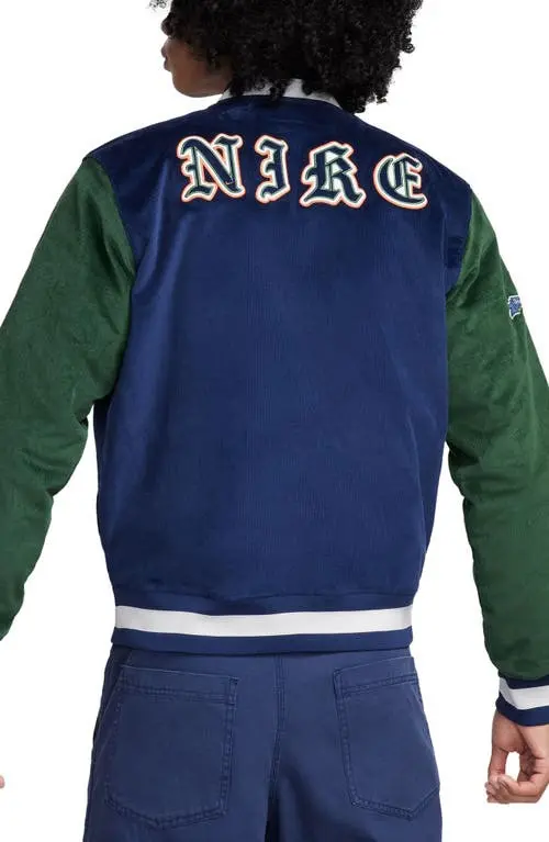 Nike Corduroy Varsity Jacket In Midnight Navy/Fir 40% Off