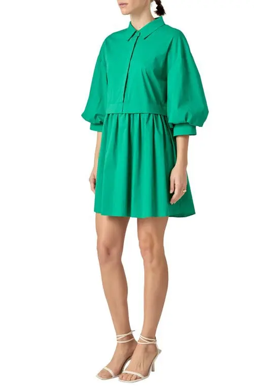 English Factory Puff Sleeve Shirtdress - Green