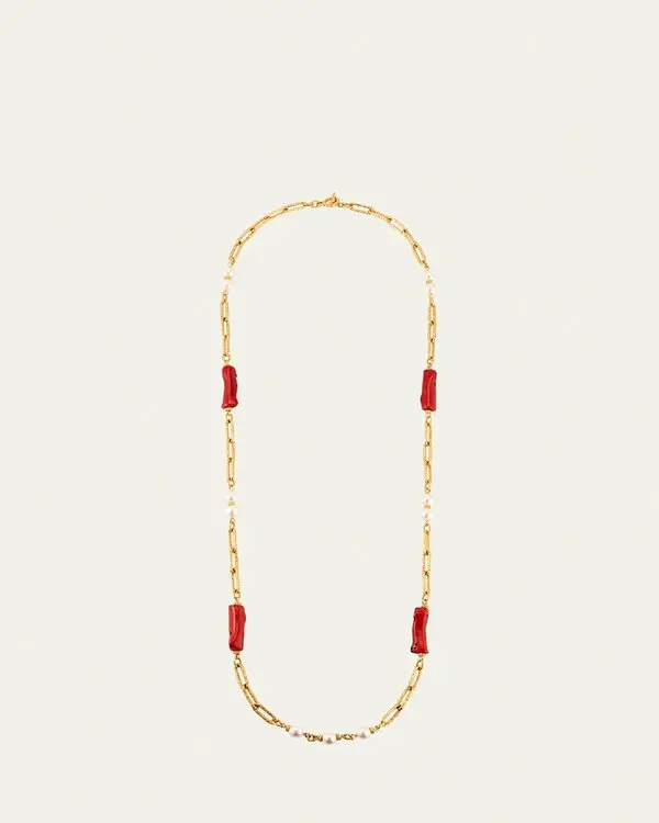 BEN-AMUN Chain Necklace With Coral Stones And Pearly Beads - Gold