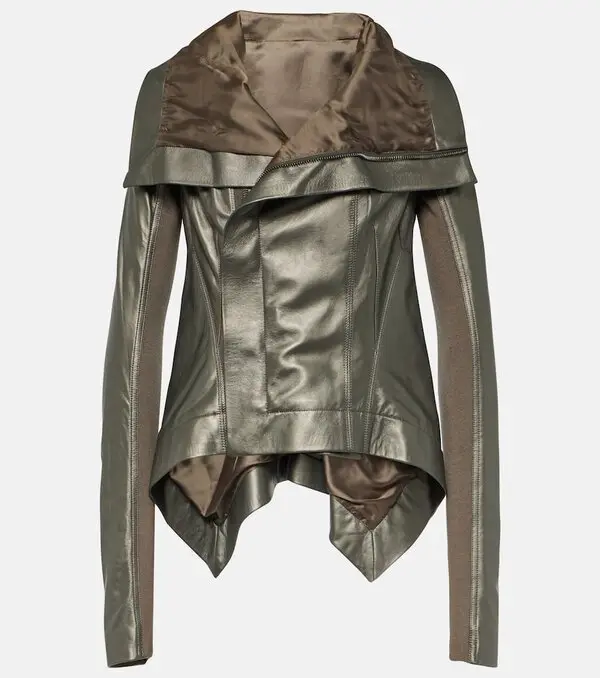 Rick Owens Metallic Leather Biker Jacket In Grey - 50% Off