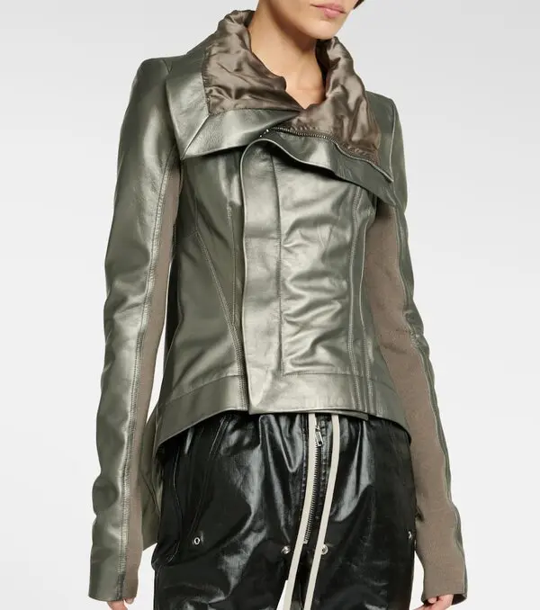 Rick Owens Metallic Leather Biker Jacket In Grey - 50% Off