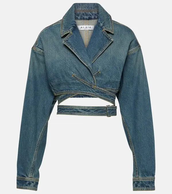 Alaïa Cropped Denim Wrap Jacket - Blue