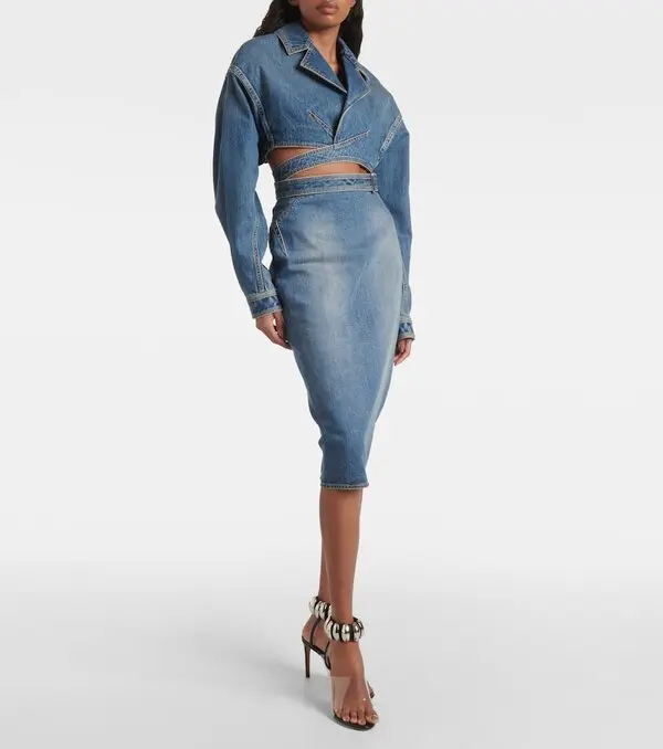 Alaïa Cropped Denim Wrap Jacket Blue Editorialist