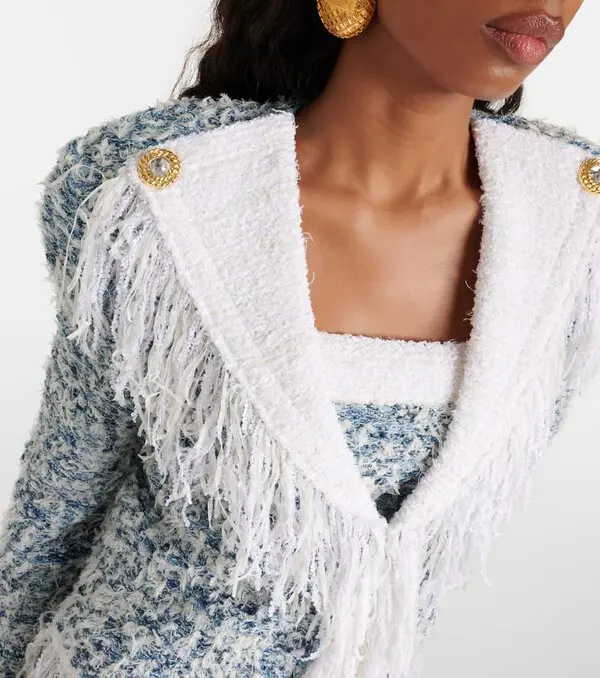 Balmain Fringed Denim Tweed Jacket