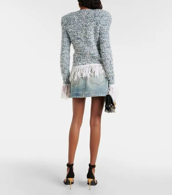 Balmain Fringed Denim Tweed Jacket