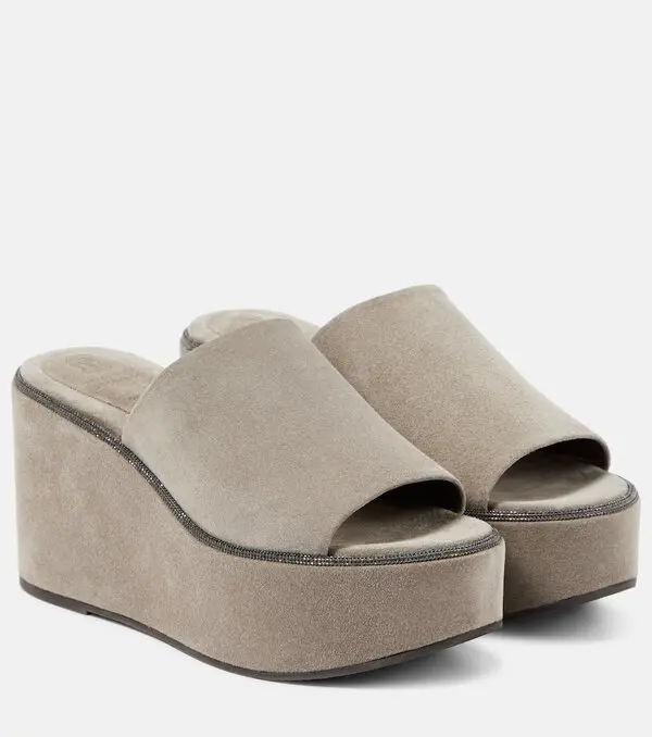 Brunello Cucinelli Suede Platform Slides - Grey