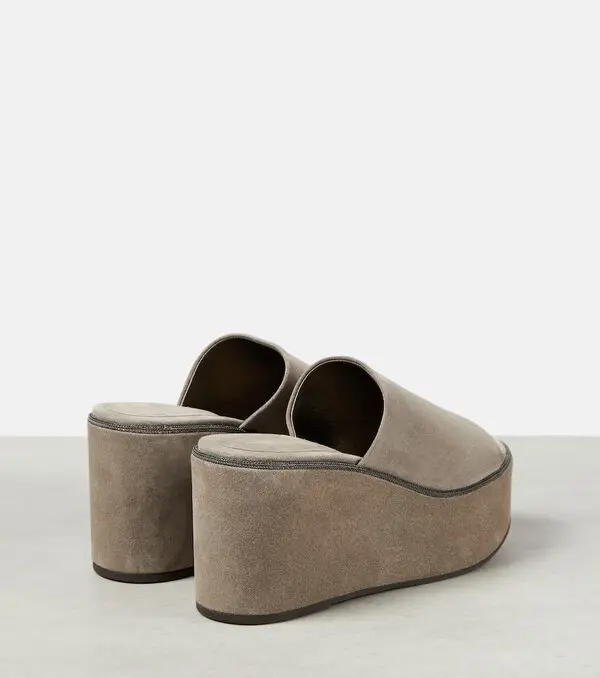Brunello Cucinelli Suede Platform Slides - Grey
