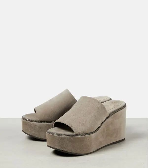 Brunello Cucinelli Suede Platform Slides - Grey
