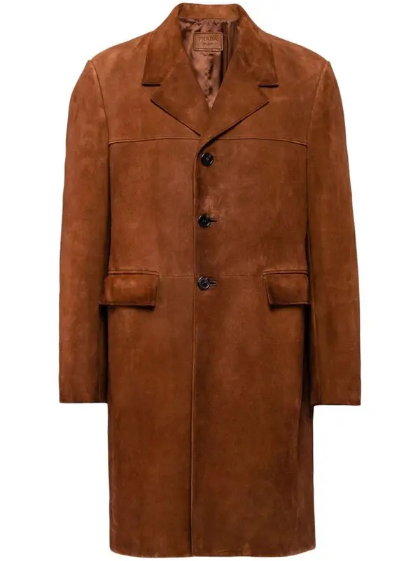 Prada Single-breasted Suede Coat - Brown