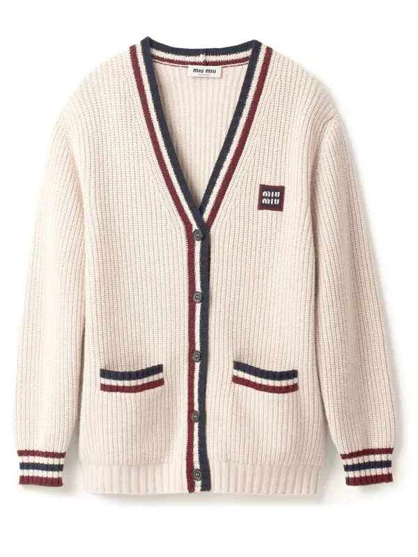 Miu Miu Stripe-detail V-neck Cardigan - Neutrals