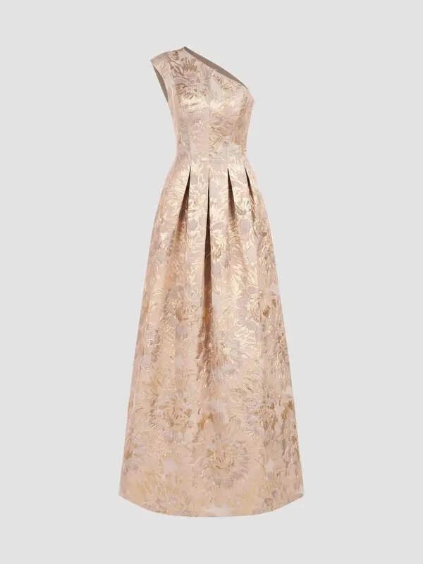 KAY UNGER Carolyn Jacquard One-shoulder Gown - Hazelnut