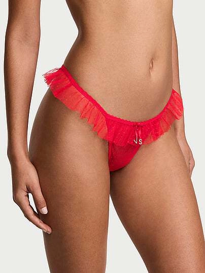Victoria's Secret Tease Dot Mesh Ruffled Thong Panty - Red