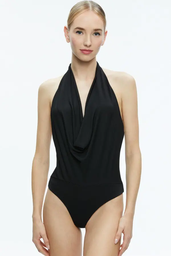 Alice + Olivia Dani Halter Deep Cowl Neck Bodysuit