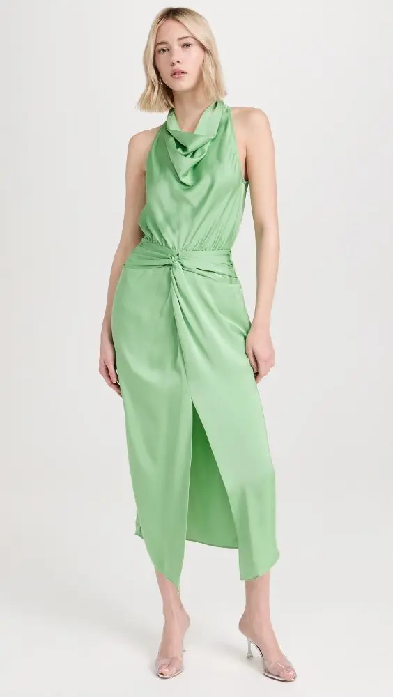 green emerald velvet dress Nari High Neck Handkerchief Hem Mini Dress