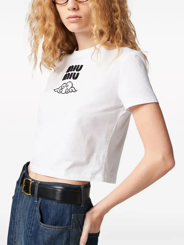 コットンTシャツ　miuロゴ　Lサイズ/ホワイト Miu Miu Logo-Embroidered Cotton T-Shirt - White | Editorialist